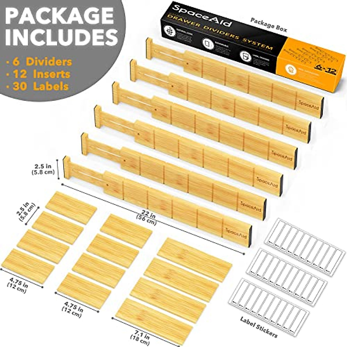 SpaceAid Bamboo Drawer Dividers with Inserts and Labels, 4 Dividers with 9 Inserts (17-22 in), 6 Dividers with 12 Inserts (17-22 in)