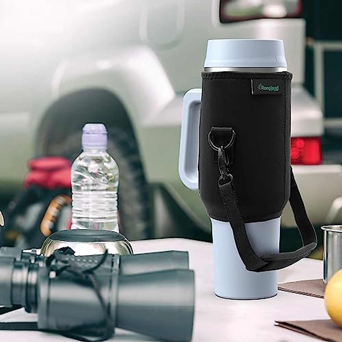 RANGLAND 40 oz Tumbler Cup with Handle and Carrier Bag, 24-Hour Insulated Water Bottle with Straw Lid, Neoprene Carrying Sleeve and Hand Strap (Feather Blue)