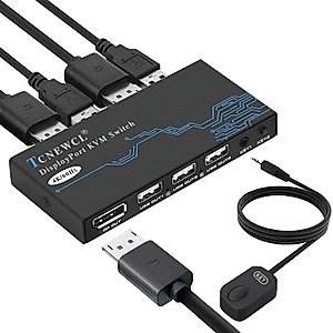 KVM Switch DisplayPort, 2 Port DP KVM Switch for 1 HD Monitor 2 Computers to Share 3 USB 2.0 Device Keyboard Mouse Printer, Support 4K@60Hz, Included 2 DP and 2 USB Cables