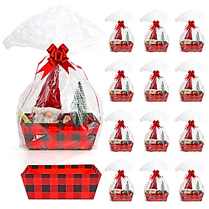 Kolewo4ever 36Pcs 12 Pack Christmas Basket Gift Set 8x10'' Gifts Baskets for Gifts Empty to Fill with Basket Empty, Basket Bags, Red Pull Bows for Christmas Holiday (Red and Black Plaid)