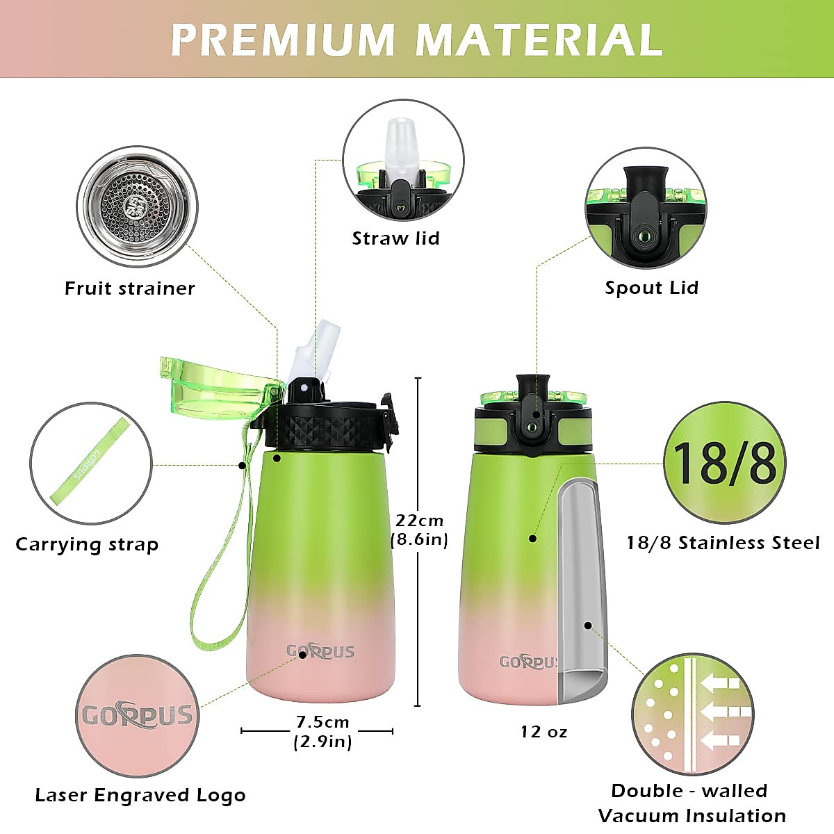 GOPPUS 12 oz Kids Water Bottle with Straw Lid & Spout Lid Vacuum Insulated Stainless Steel Cup Double Wall Kids Metal Water Bottles For School Boys Girls (Olive Pink 2 Lids)