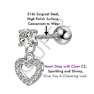 OUFER 16G 316L Stainless Steel Cartilage Earring Stud Heart Shape Dangle Helix Earrings Body Ear Piercing