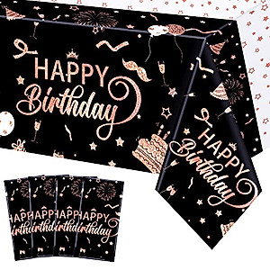 Famoby 4 Packs 54" x 108" Rose Gold Happy Birthday Disposable Plastic Waterproof Table Cover for Rectangle Tables Black Background Indoor & Outdoor Birthdays Anniversary Party Decorations