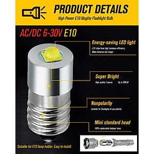 YEORO 2Pcs AC/DC 6-30V E10 Upgrade LED Flashlight Bulb,3W 6V 9V 12V 18V 19.2V 24V LED Conversion Kit for Torch Lantern Bike Work Light Maglit Bulbs,Non-Polarit