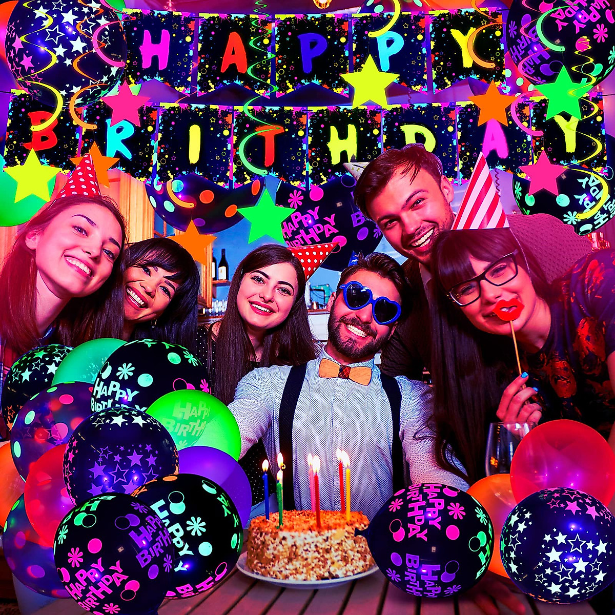 Jetec 71 Pcs Neon Birthday Party Supplies Include Clear Glow in the Dark Balloons, UV Neon Balloons, Neon Star Hanging Swirls, Happy Birthday Banner for Glow Birthday Party UV Neon Party