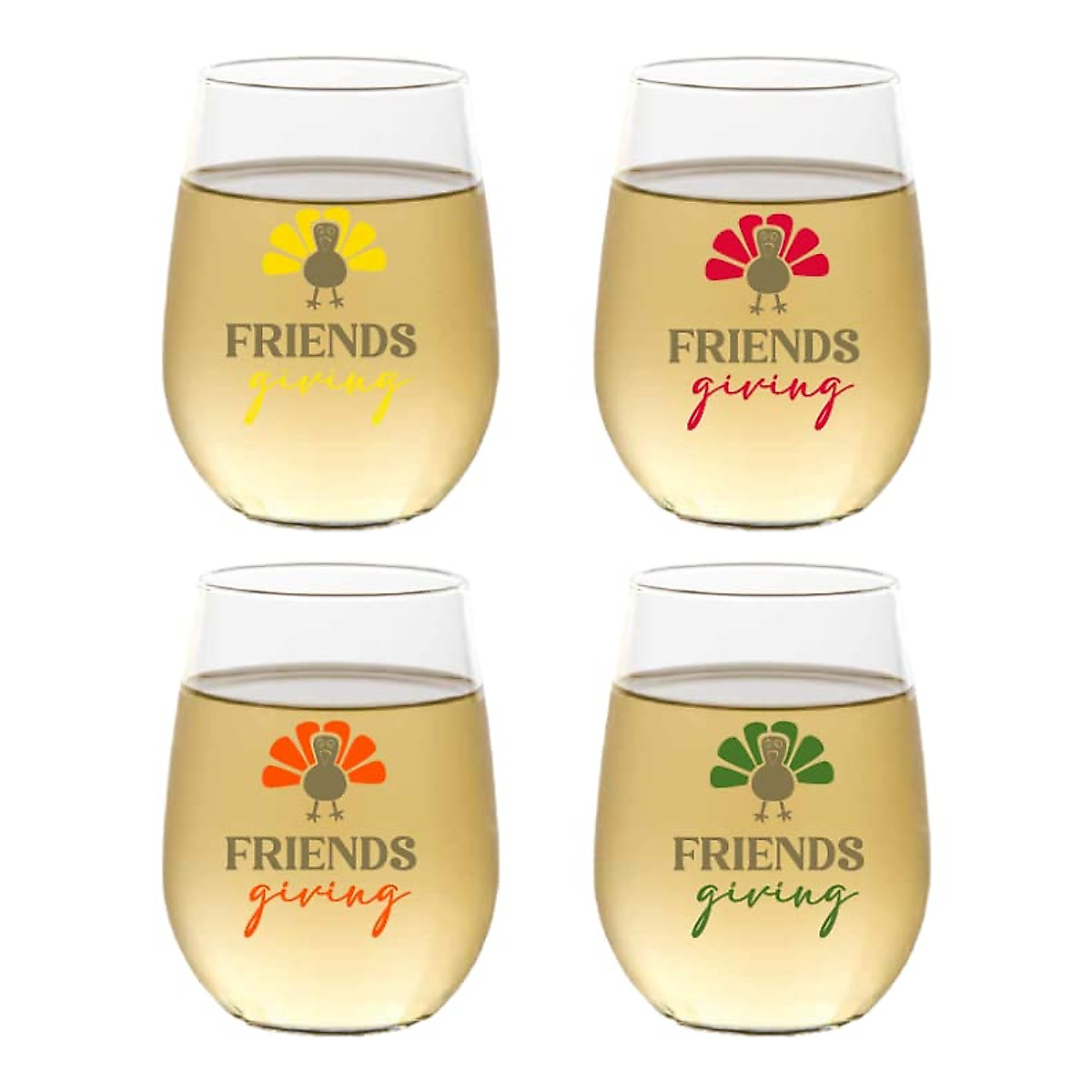 Set of 4 HOLIDAY DESIGN Shatterproof 16 oz Plastic Stemless Wine Glasses (FRIENDSGIVING)