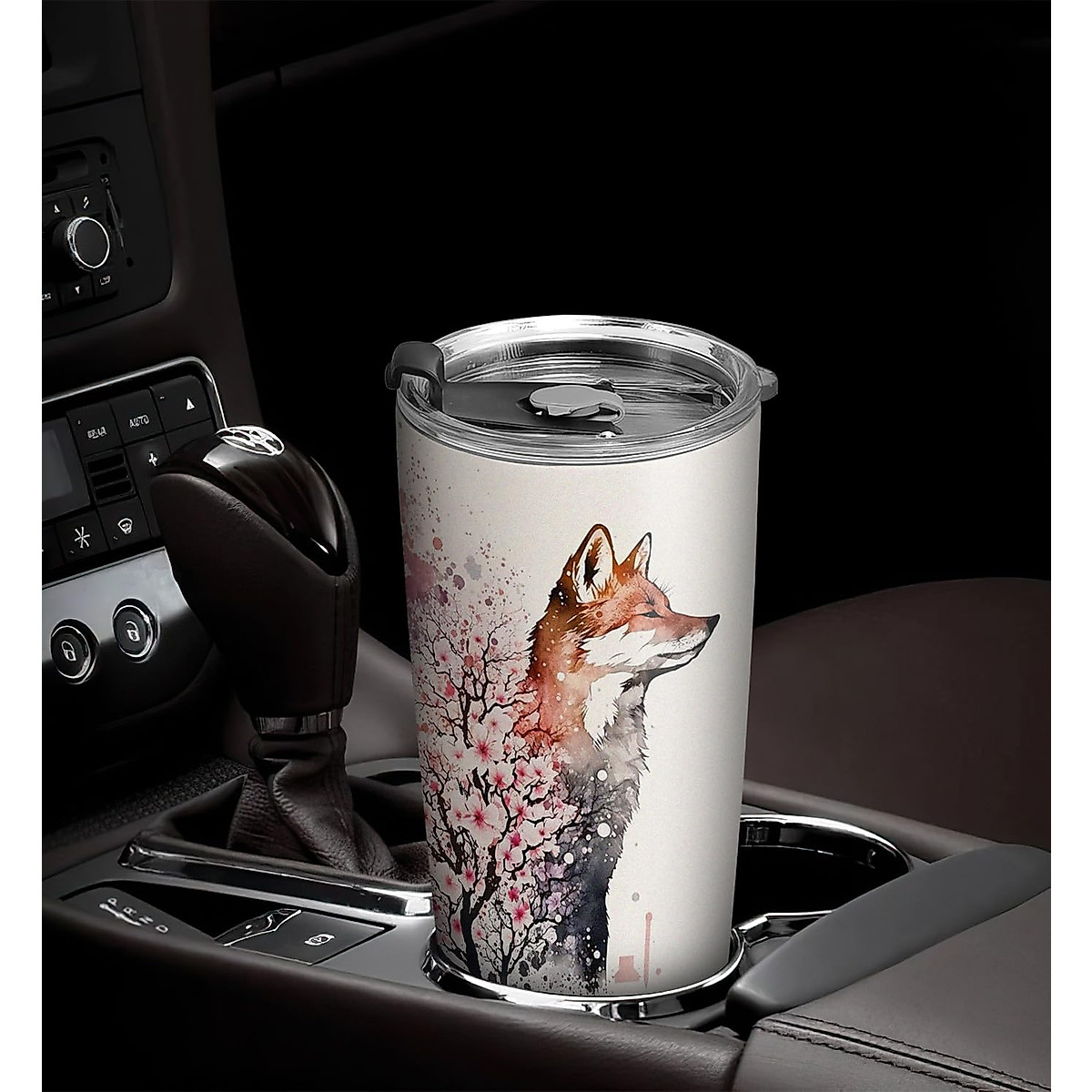 20oz Spring Cherry Blossom Fox Tumbler, Gifts for Fox Lovers, Coffee Thermos for Women, Stainless Steel Double Wall Vacuum Insulated Coffee Mug, Travel Cup with Lid