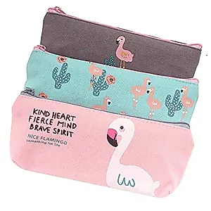 Z ZICOME Set of 3 Flamingo Cactus Canvas Pencil Cases Pen Marker Holders Cosmetic Bags Makeup Pouches Purse Organizer Pouches for School Craft Little Supplies