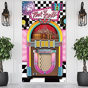 Nuenen 50's Sock Hop Party Decorations Banner Jukebox Party Decor Backdrop Cloth Juke Box Cutout Rock 'n Roll Door Cover for 1950's Theme Birthday Party Supplies, 71 x 35.4