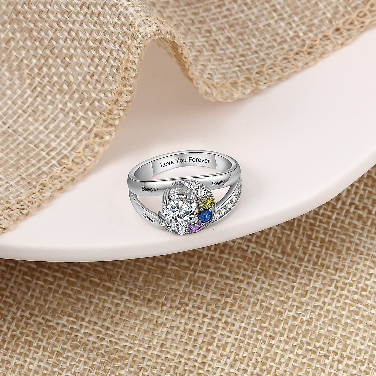 Gemsbe Custom Moon Statement Grandma Ring Personalized Promise Rings for Her Engraved Names Anniversary Ring for Women (3 stones)