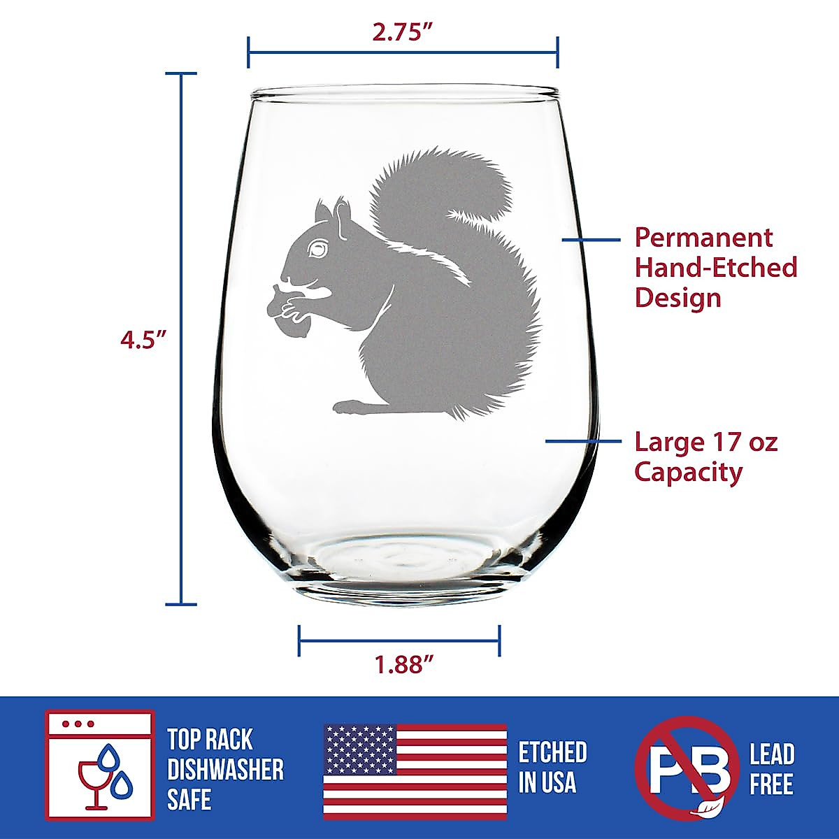 Squirrel Stemless Wine Glass - Squirrel Gifts and Decor with Squirrels - Large 17 Oz Glasses