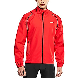 TSLA Men's Cycling Jacket with Removable Sleeves, Reflective Vest Windbreaker, Lightweight Waterproof Running Jackets, Cycling Red, Small