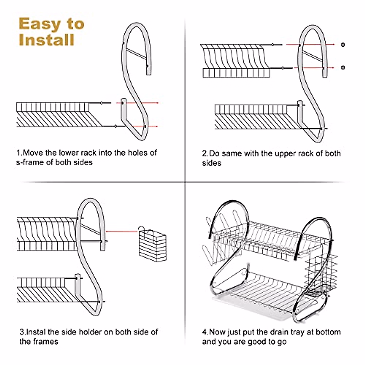 Zvonema Dish Drying Rack, Stainless Steel Dish Racks for Kitchen Counter, 2 Tier Small Dish Drainers with Drainboard & Removable Utensil Holder, Space Saving Dish Rack, Silver