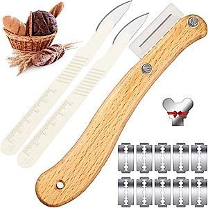Bread Lame Knife with 10 Pieces Replaceable Blades Wooden Handle Lame Slashing Tool and 2 Pieces Dough Scoring Knife with Plastic Protective Cover for Making Bread Tool