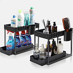 PURSQUAL 2 Pack Under Sink Organizers and Storage with Pull Out Drawer, 2 Tier Bathroom Organizer, Under Kitchen Cabinet Organizer, Multi-purpose Storage Shelf for Kitchen, Bathroom, Countertop，Black