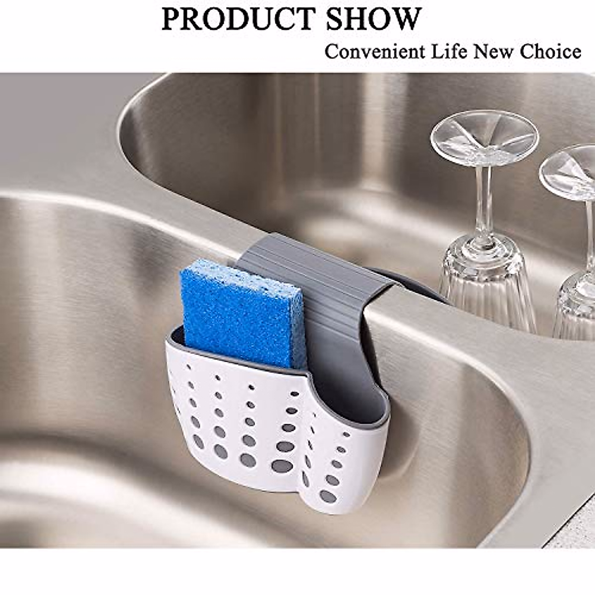 Sink Caddy Sponge Holder for Kitchen Sink Faucet Hanging Sink Sponge Caddy Organizer for Sponge, Brush, Soap, Silicone Plastic Saddle Faucet Flexible Caddy with Drain Holes for Drying,Double White