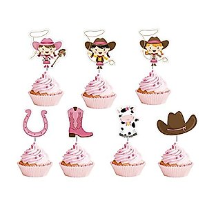 Cowgirl Cupcake Toppers 12 pcs - Pink Western Cake Picks Birthday Decoration Party Supplies, Girl Baby Shower Themed