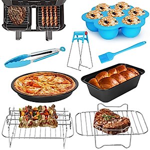 Air Fryer Accessories 8pcs Set, Nonstick Air Fryer Accessory with Cake Pan, Pizza Pan, Multi-Layer Rack, Skewer Rack, Fits Dual Basket Air Fryers