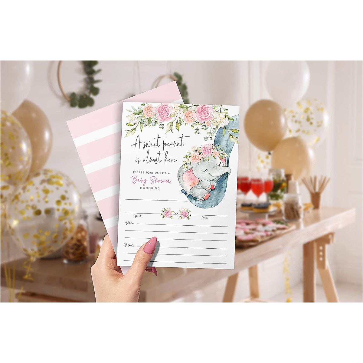 Your Main Event Prints Elephant Girl Baby Shower Invitations, Peanut Baby Shower Invites with Diaper Raffles Cards, Sprinkle, 20 Invites