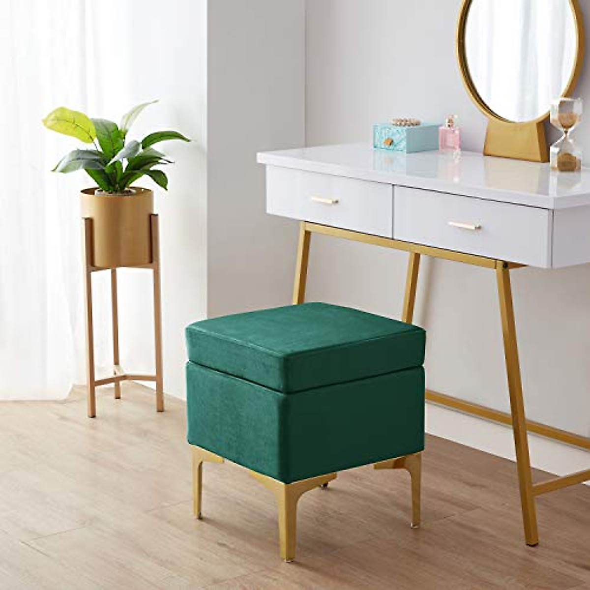 Ornavo Home Madison Modern Contemporary Square Upholstered Velvet Ottoman - Vanity Chair - Gold Metal Legs - Emerald Green