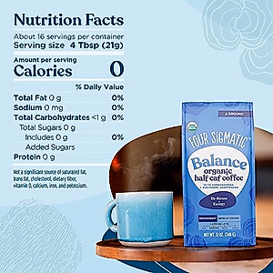 Four Sigmatic Organic Balance Adaptogen Ground Coffee | Medium Roast USDA Organic, Fair Trade Coffee with Ashwagandha, Chaga Mushroom, Eleuthero and Tulsi | Focus and Energy Boosting Coffee | 12oz Bag