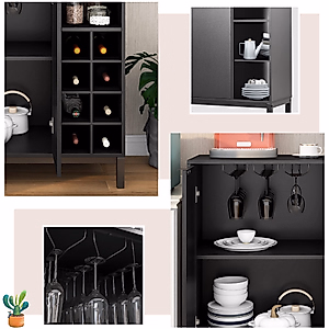 Plebs Home Contemporary Style Sideboards and Buffets, Coffee Bar, Cabinet, Wine, Racks Storage, Server, Dining Console, 34 Inch, Easy Assemble, for Kitchen, Living Room-Black