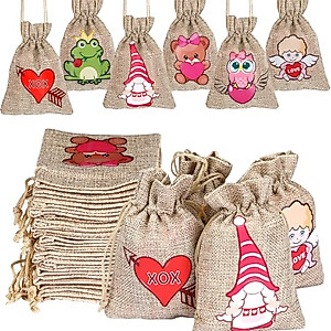 JUNEBRUSHS 42 Pack Valentines Burlap Bags, Small Valentine Gift Bags with Drawstring Valentine's Day Goodie Bags for Kids Baby Shower Wedding Party Favor Bags Heart Treat Candy Bags Fillers