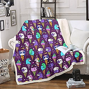 Cartoon Ice Cream Themed Sherpa Blanket Cute Ice Cream Panda Unicorn Fleece Throw Blanket Chic Colorful Plush Blanket for Couch Bed Sofa Microfiber Fuzzy Blanket Room Decor 40"x50"