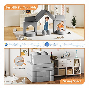 Neoriver Kids Couch, 10PCS Modular Kids Play Couch with 2 Balls and Tunnel, Fold Out Toddler Couch for Playroom Bedroom, Creative Kids Sectional Foam Sofa for Boys and Girls, Grey