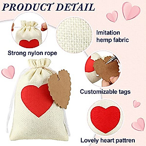 40 Pcs Valentine's Day Heart Burlap Bags with Tags and Ropes, 4 x 6 Inch Burlap Gift Bags with Drawstring Heart Bags Linen Gift Pouch Small Party Favor Bags for Wedding Baby Shower Party