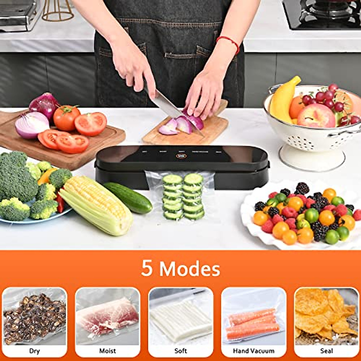 Vacuum Sealer, 5-In-1 Automatic Food Sealer with Powerful Suction, Food Vacuum Sealer Machine for Food Storage, Sous Vide, Meal Prep, Dry & Moist & Soft & Hand Vacuum Food Modes, Cutter and Vacuum Sealer Bags Included, Slim Design, Led Indicator Lights