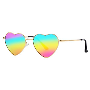 Polarized Heart Shaped Sunglasses for Women Metal Frame Cute Lovely Glasses 100% UV Protection (Gold/Rainbow Mirror)
