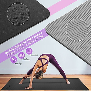 HOTIOGA Yoga Mat with Carrying Strap 72x32" & 1/4 Inch Thick Exercise Mat with Double Non Slip Surfaces for Men and Women Home Exercise (Black, 1/4 INCH THICK)