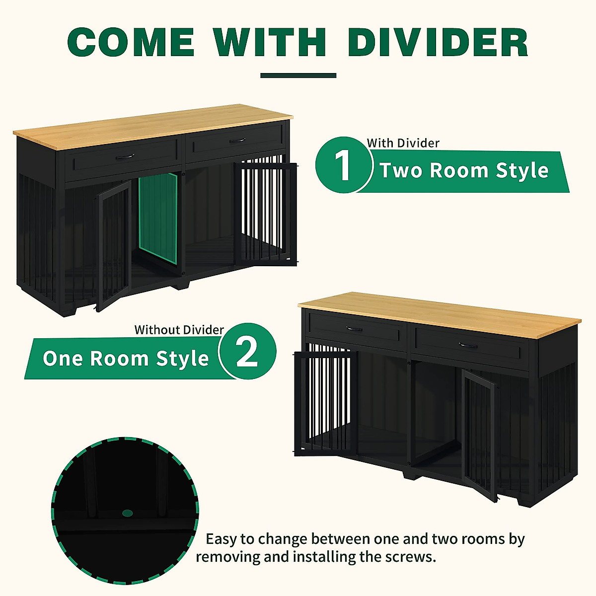 Lovinouse Large Double Dog Crate Furniture, 72.4" Wooden Dog Crate Kennel with 2 Drawers and Divider, XXL Dog Crates Furniture for Large Dog or 2 Medium Dogs Indoor, Black+Natural Tabletop