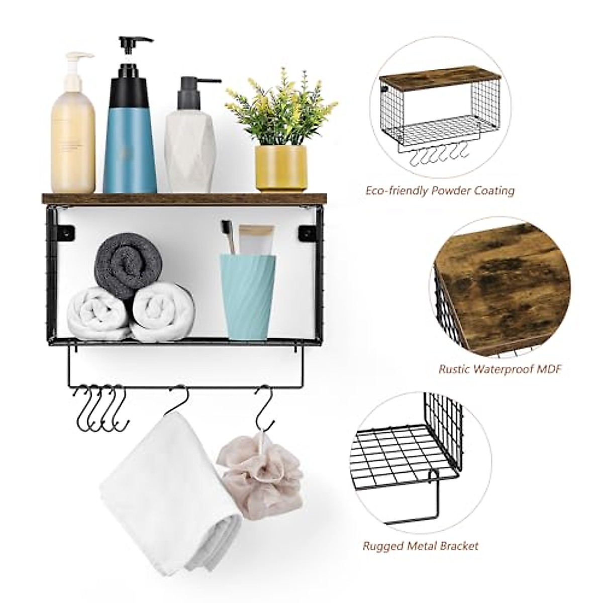 Bathroom Towel Rack Wall Mounted Tower Holder with Tower Bar Farmhouse Bathroom Storage Organizer Shelf Holder for Bathroom Laundry Room Livingroom Bedroom 6 Hooks