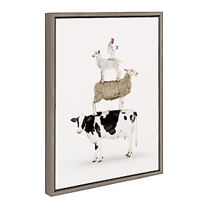 Kate and Laurel Sylvie Stacked Farm Animals Framed Canvas Wall Art By Amy Peterson, 18x24 Gray, Funny Farm Animal Wall Decor