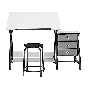 SD STUDIO DESIGNS 2 Piece Comet Center Plus, Craft Table and Matching Stool Set with Storage and Adjustable Top, Black/White, 50x23.75x29.5 inches