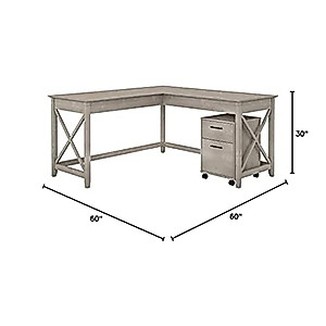 Bush Furniture Key West 60W L Shaped Desk with Mobile File Cabinet in Washed Gray