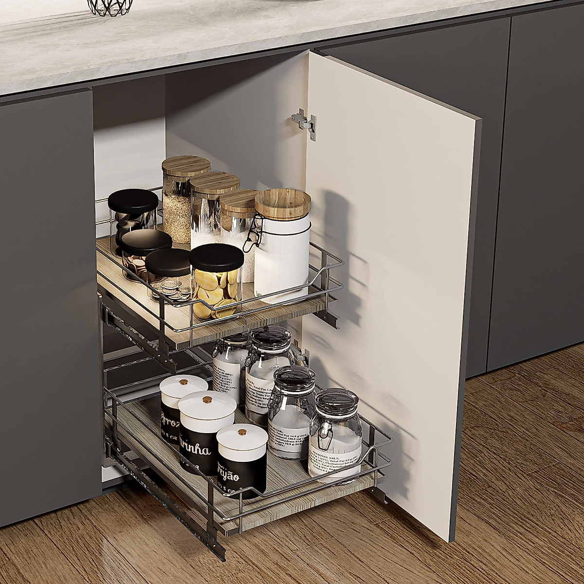 Home Zone Living Pull Out Kitchen Cabinet Organizer with 2 Tiers of Storage for Easy Access, 15”W x 20”D, Satin Nickel with Light Brown, Virtuoso Collection