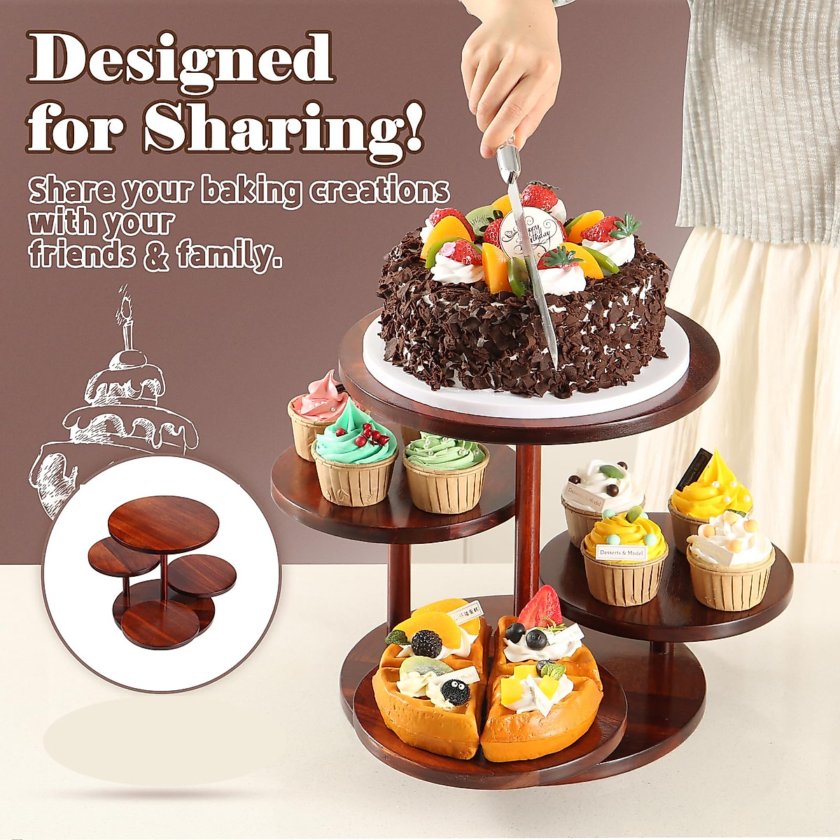 GKOKG 4 Tier Round Cupcake Tower for 50 Cupcakes, Acacia Wood Cupcake Stand for Dessert Table, Woodden Serving Stand, Cake Stand & Dessert Tower for Birthday, Graduation, Wedding, Tea Party