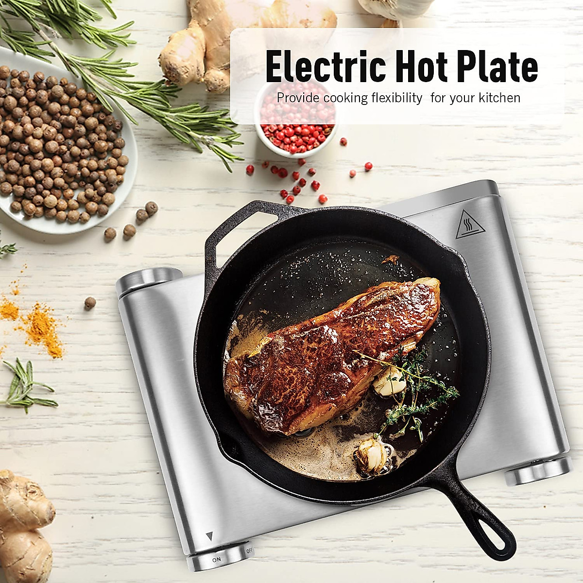 Cusimax Hot Plate Electric Burner Single Burner Cast Iron hot plates for cooking Portable Burner 1500W with Adjustable Temperature Control Stainless Steel Non-Slip Rubber Feet, Upgraded Version