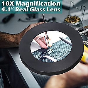 10X Magnifying Glass with Light and Stand, KUVRS Flexible Magnetic Helping Hands, Large Base & Clamp Magnifying Lamp, 3 Color Adjustable Arm Desk Magnifying Glass with Light for Soldering Craft Hobby
