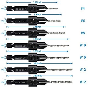 7 Pcs M2 Countersink Drill Bit Set, 3in1 Wood Pilot Countersink Drill Bits for #4#6#8#10#12 Screws Holes, with Adjustable Depth Stop,Quick Release Hex Shank, 2-Allen Wrench