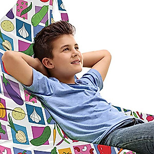 Ambesonne Vegetable Lounger Chair Bag, Colorful Vegan Options Colorful Geometric Shapes Food Theme Cartoon Illustration, High Capacity Storage with Handle Container, Lounger Size, Multicolor