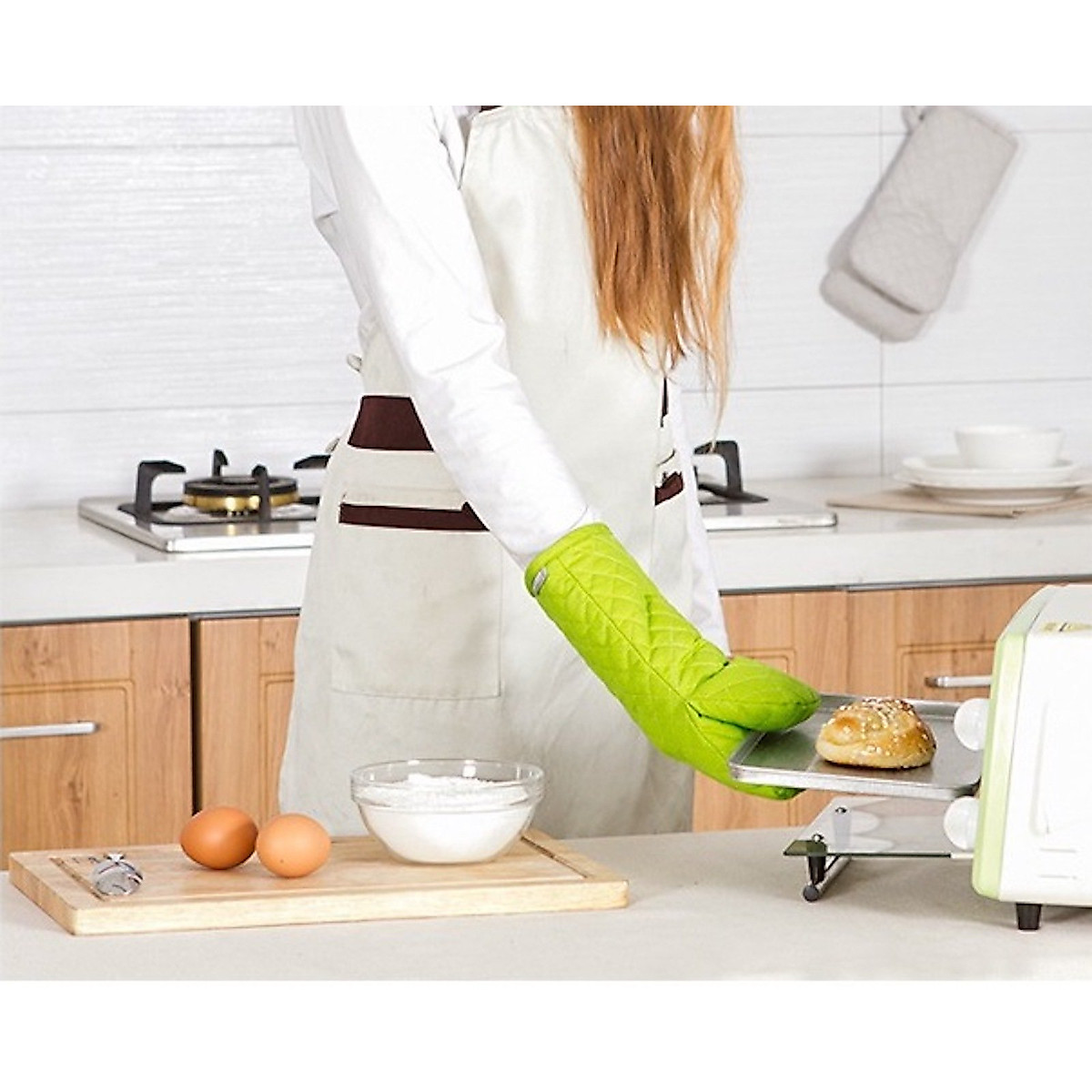 Elonglin Oven Gloves Heat Resistant Oven Mitts with Cotton Lining Pot Holders for Kitchen BBQ Wood Burner Gloves Stove Gauntlets Cook Grill Baking Adjust Repair Pair Pink