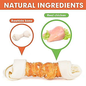 MON2SUN Dog Treats 6.5" Rawhide Bones Chicken Wrapped Knotted Bones Dog Chews, Long Lasting Beefhide Treats for Medium and Large Dogs, Dental Health and Teeth Cleaning