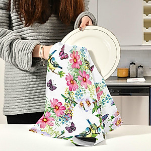 Kigai Colorful Flowers Butterfly Kitchen Towels, 18 x 28 Inch Super Soft and Absorbent Dish Cloths for Washing Dishes, 4 Pack Reusable Multi-Purpose Microfiber Hand Towels for Kitchen