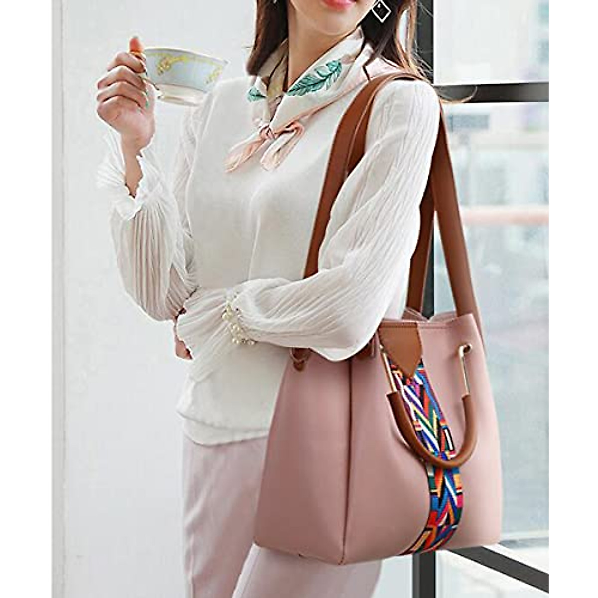 SMALLBLUER 4pcs Hobo Tote and Purse Satchel for Women Top-handle Handbag PU Shoulder Bag Clutch Card Holder-Pink