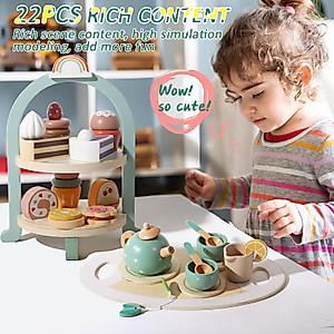 23 Pieces Toddler Tea Set Little Girl Wooden Tea Party Set with Cake Stand and Food Children's Kitchen Game Set Wooden Toys for 3, 4, 5, 6 Year Old Girls Birthday Gifts.