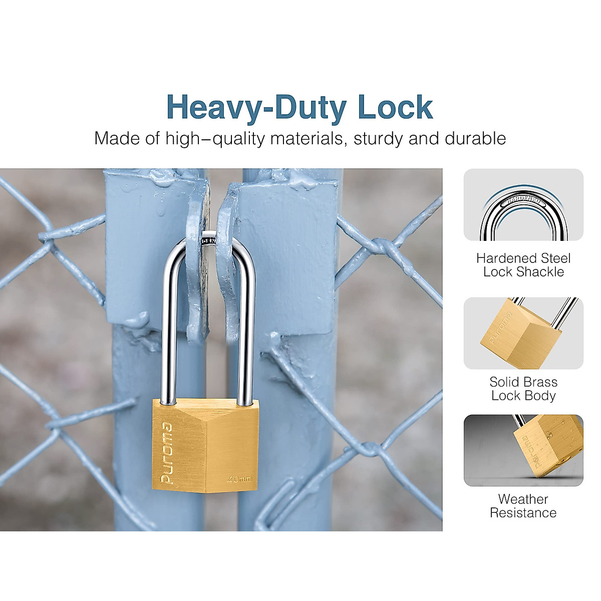Puroma 1 Pack Keyed Padlock Waterproof Solid Brass Lock, 2.6 Inch Padlock with Keys for Sheds, Storage Unit School Gym Locker, Fence, Toolbox, Hasp Storage